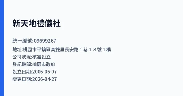 新天地禮儀社的照片-統編 09699267(桃園市) 公司登記資料與營業項目詳細圖表