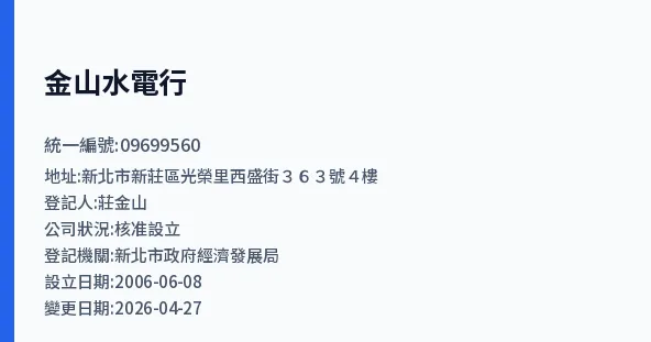 金山水電行的照片-統編 09699560(新北市) 公司登記資料與營業項目詳細圖表