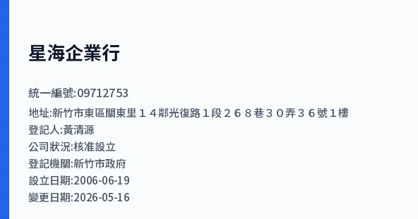星海企業行的照片-統編 09712753(新竹市) 公司登記資料與營業項目詳細圖表