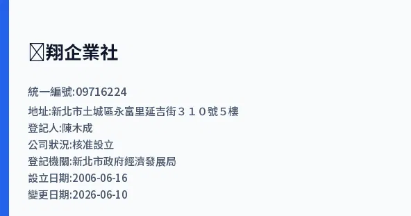 𨦠翔企業社的照片-統編 09716224(新北市) 公司登記資料與營業項目詳細圖表