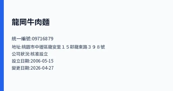 龍岡牛肉麵的照片-統編 09716879(桃園市) 公司登記資料與營業項目詳細圖表