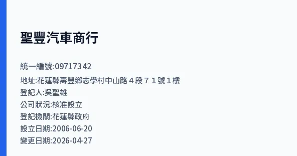 聖豐汽車商行的照片-統編 09717342(花蓮縣) 公司登記資料與營業項目詳細圖表