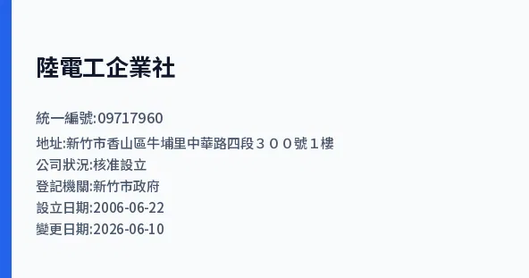 陸電工企業社的照片-統編 09717960(新竹市) 公司登記資料與營業項目詳細圖表