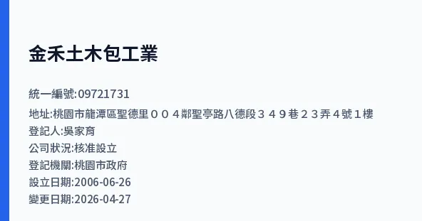 金禾土木包工業的照片-統編 09721731(桃園市) 公司登記資料與營業項目詳細圖表