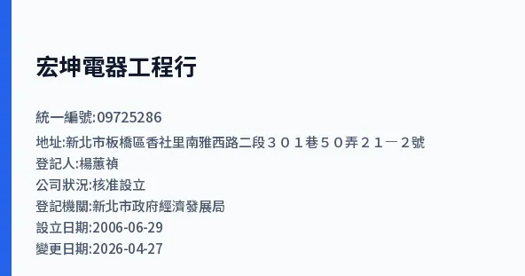 宏坤電器工程行的照片-統編 09725286(新北市) 公司登記資料與營業項目詳細圖表