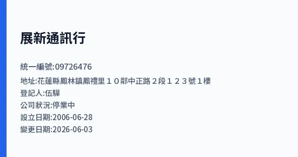 展新通訊行的照片-統編 09726476(花蓮縣) 公司登記資料與營業項目詳細圖表