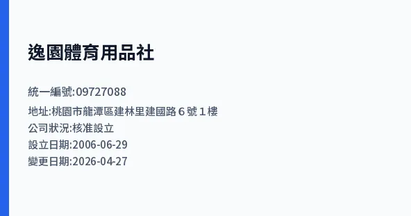 逸園體育用品社的照片-統編 09727088(桃園市) 公司登記資料與營業項目詳細圖表