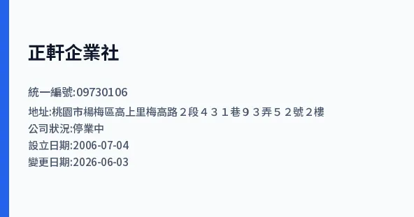 正軒企業社的照片-統編 09730106(桃園市) 公司登記資料與營業項目詳細圖表