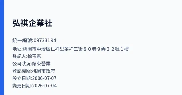 弘祺企業社的照片-統編 09733194(桃園市) 公司登記資料與營業項目詳細圖表