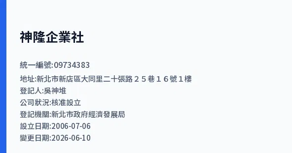 神隆企業社的照片-統編 09734383(新北市) 公司登記資料與營業項目詳細圖表