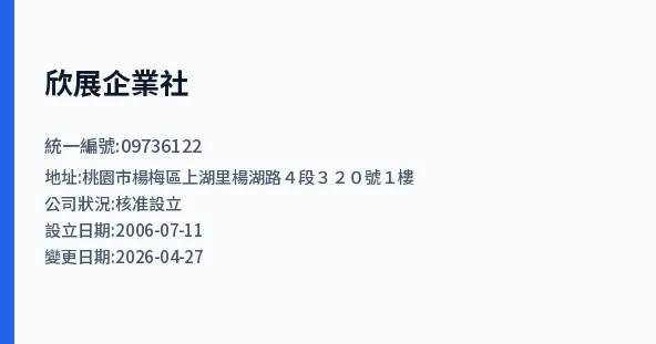 欣展企業社的照片-統編 09736122(桃園市) 公司登記資料與營業項目詳細圖表