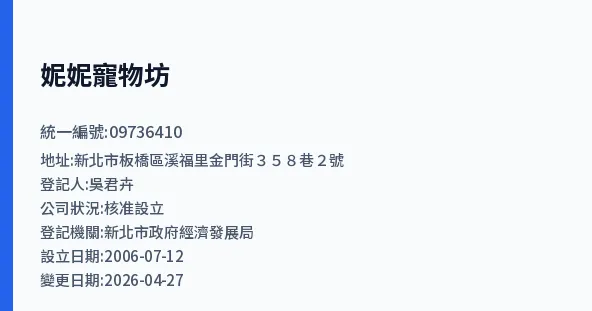 妮妮寵物坊的照片-統編 09736410(新北市) 公司登記資料與營業項目詳細圖表