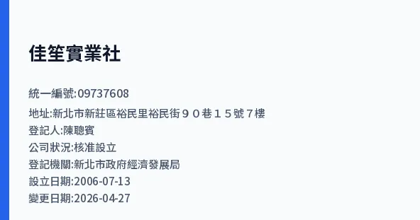 佳笙實業社的照片-統編 09737608(新北市) 公司登記資料與營業項目詳細圖表