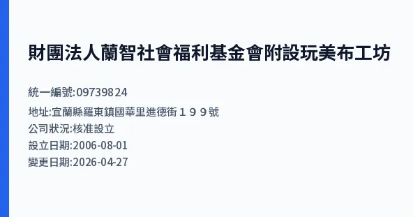 財團法人蘭智社會福利基金會附設玩美布工坊的照片-統編 09739824(宜蘭縣) 公司登記資料與營業項目詳細圖表