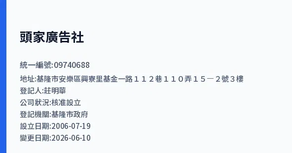 頭家廣告社的照片-統編 09740688(基隆市) 公司登記資料與營業項目詳細圖表