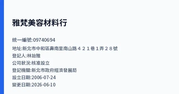 雅梵美容材料行的照片-統編 09740694(新北市) 公司登記資料與營業項目詳細圖表