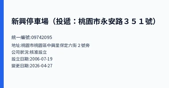 新興停車場(投遞:桃園市永安路351號)的照片-統編 09742095(桃園市) 公司登記資料與營業項目詳細圖表