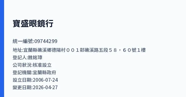 寶盛眼鏡行的照片-統編 09744299(宜蘭縣) 公司登記資料與營業項目詳細圖表