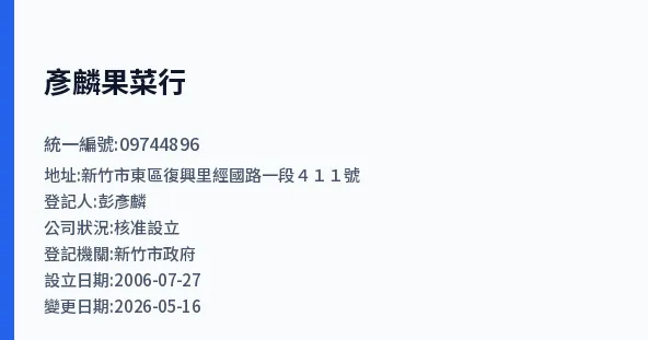 彥麟果菜行的照片-統編 09744896(新竹市) 公司登記資料與營業項目詳細圖表