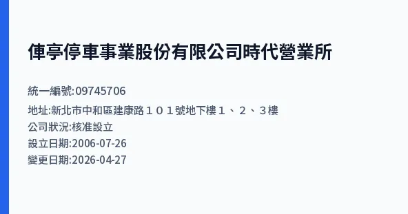 俥亭停車事業股份有限公司時代營業所的照片-統編 09745706(新北市) 公司登記資料與營業項目詳細圖表