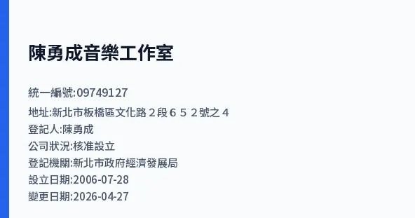 陳勇成音樂工作室的照片-統編 09749127(新北市) 公司登記資料與營業項目詳細圖表