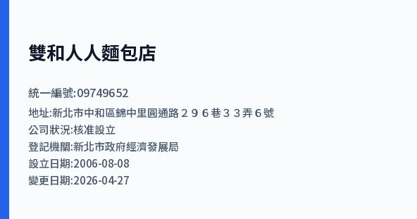 雙和人人麵包店的照片-統編 09749652(新北市) 公司登記資料與營業項目詳細圖表
