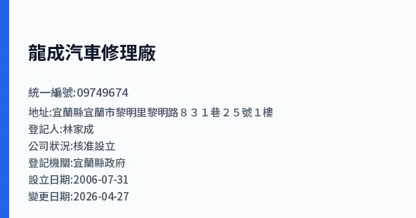 龍成汽車修理廠的照片-統編 09749674(宜蘭縣) 公司登記資料與營業項目詳細圖表