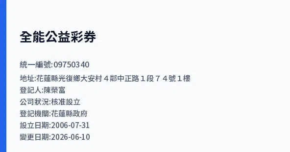 全能公益彩券的照片-統編 09750340(花蓮縣) 公司登記資料與營業項目詳細圖表