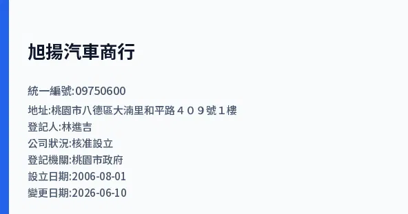 旭揚汽車商行的照片-統編 09750600(桃園市) 公司登記資料與營業項目詳細圖表