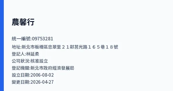 農馨行的照片-統編 09753281(新北市) 公司登記資料與營業項目詳細圖表