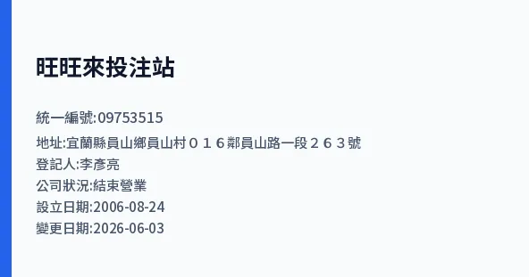 旺旺來投注站的照片-統編 09753515(宜蘭縣) 公司登記資料與營業項目詳細圖表