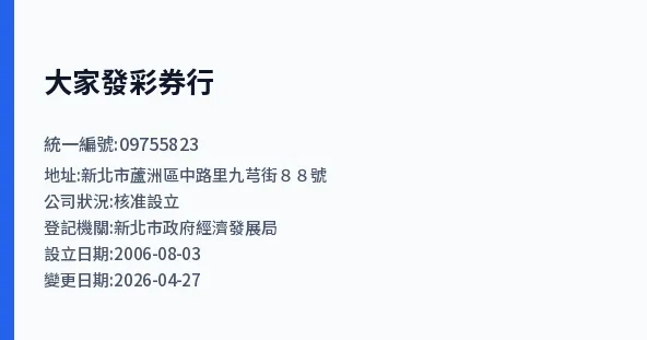 大家發彩券行的照片-統編 09755823(新北市) 公司登記資料與營業項目詳細圖表
