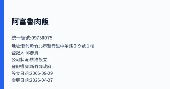 阿富魯肉飯的照片-統編 09758075(新竹縣) 公司登記資料與營業項目詳細圖表