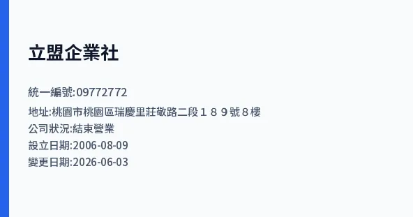 立盟企業社的照片-統編 09772772(桃園市) 公司登記資料與營業項目詳細圖表
