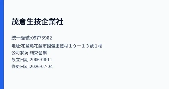 茂倉生技企業社的照片-統編 09773982(花蓮縣) 公司登記資料與營業項目詳細圖表