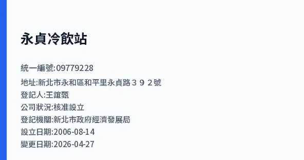 永貞冷飲站的照片-統編 09779228(新北市) 公司登記資料與營業項目詳細圖表