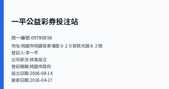 一平公益彩券投注站的照片-統編 09780858(桃園市) 公司登記資料與營業項目詳細圖表