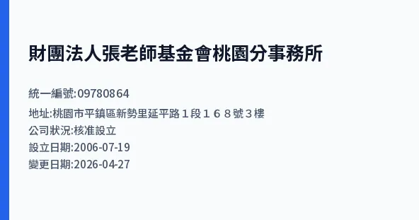 財團法人張老師基金會桃園分事務所的照片-統編 09780864(桃園市) 公司登記資料與營業項目詳細圖表