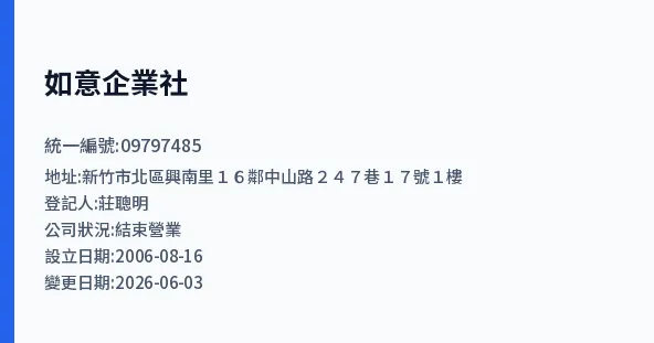 如意企業社的照片-統編 09797485(新竹市) 公司登記資料與營業項目詳細圖表