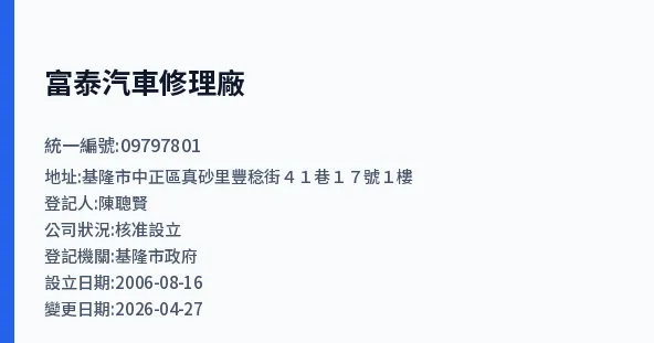 富泰汽車修理廠的照片-統編 09797801(基隆市) 公司登記資料與營業項目詳細圖表