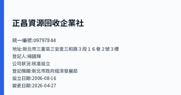 正昌資源回收企業社的照片-統編 09797844(新北市) 公司登記資料與營業項目詳細圖表