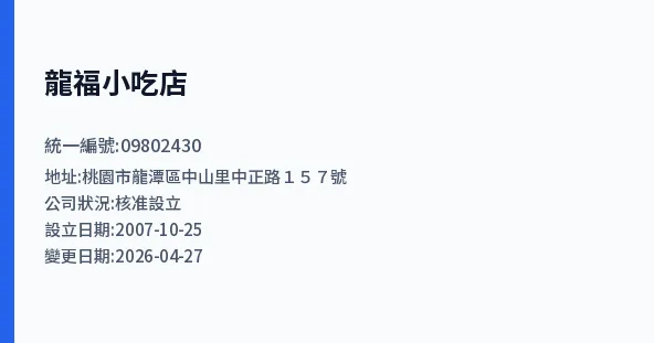 龍福小吃店的照片-統編 09802430(桃園市) 公司登記資料與營業項目詳細圖表
