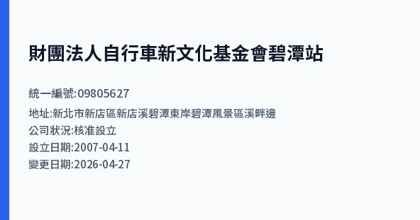 財團法人自行車新文化基金會碧潭站的照片-統編 09805627(新北市) 公司登記資料與營業項目詳細圖表