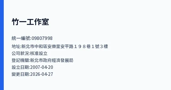 竹一工作室的照片-統編 09807998(新北市) 公司登記資料與營業項目詳細圖表