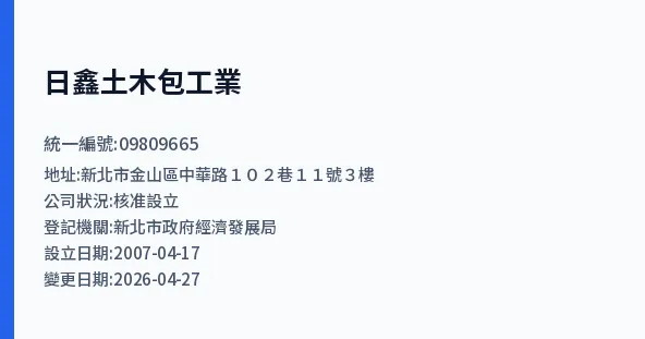 日鑫土木包工業的照片-統編 09809665(新北市) 公司登記資料與營業項目詳細圖表