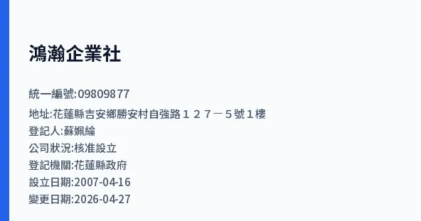 鴻瀚企業社的照片-統編 09809877(花蓮縣) 公司登記資料與營業項目詳細圖表