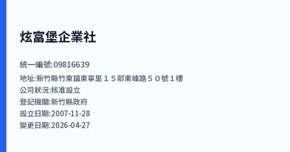 炫富堡企業社的照片-統編 09816639(新竹縣) 公司登記資料與營業項目詳細圖表