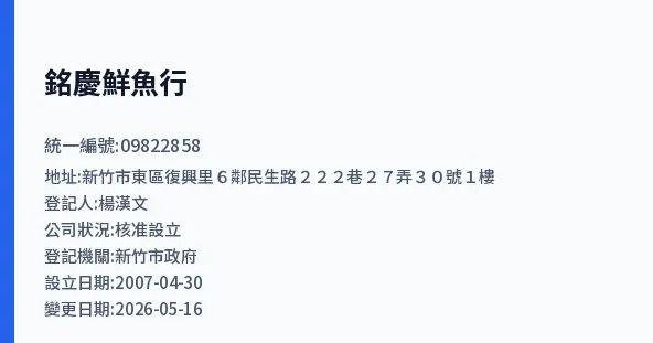 銘慶鮮魚行的照片-統編 09822858(新竹市) 公司登記資料與營業項目詳細圖表