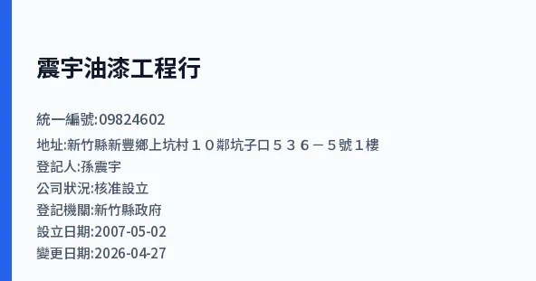 震宇油漆工程行的照片-統編 09824602(新竹縣) 公司登記資料與營業項目詳細圖表