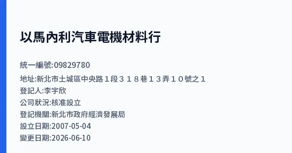 以馬內利汽車電機材料行的照片-統編 09829780(新北市) 公司登記資料與營業項目詳細圖表